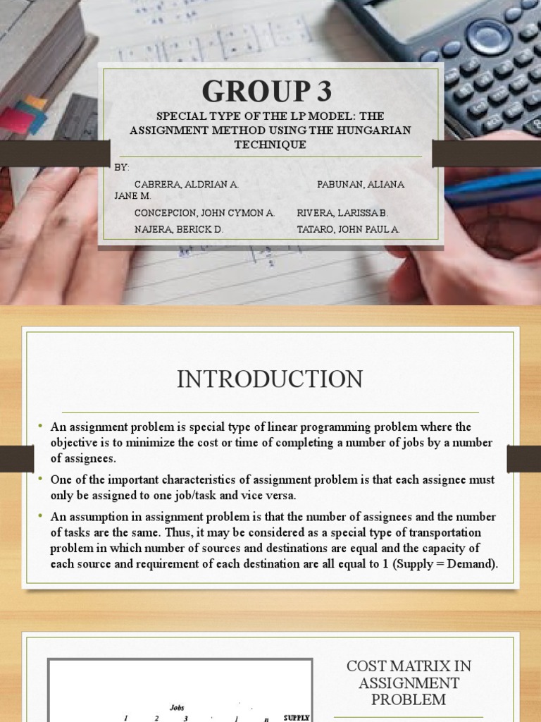 Group 3 Assignment Problem | PDF | Matrix (Mathematics) | Mathematical Optimization