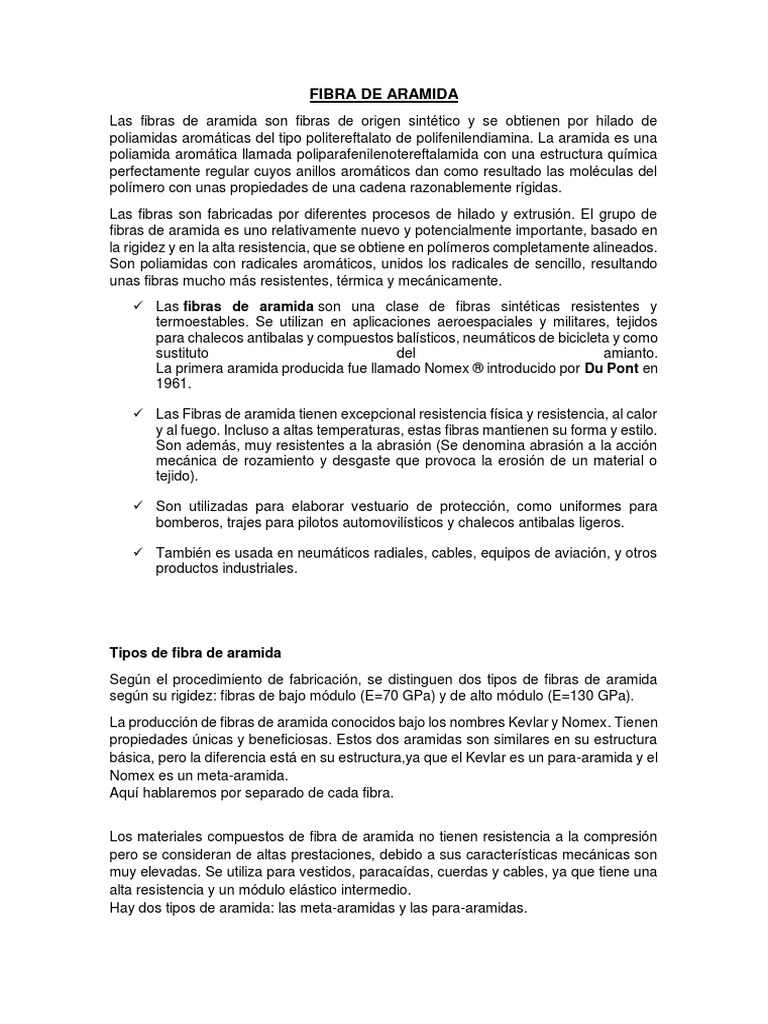 Propiedades y Aplicaciones de Aramida | PDF | Materiales | Química
