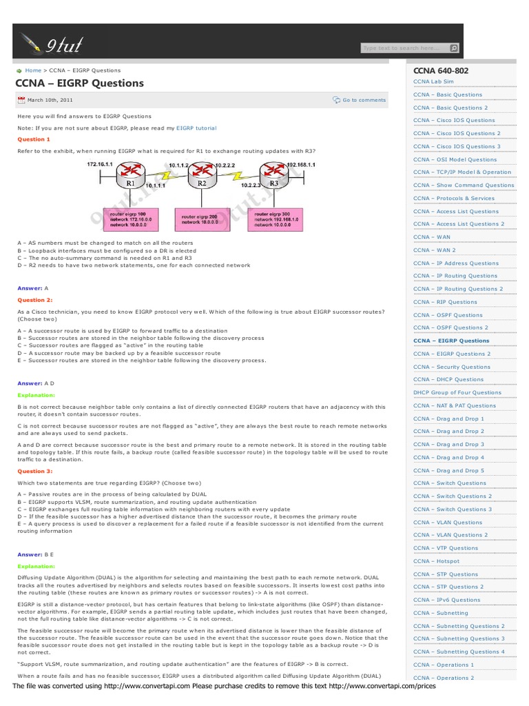 CCNA - EIGRP Questions | PDF | Routing | Cisco Certifications