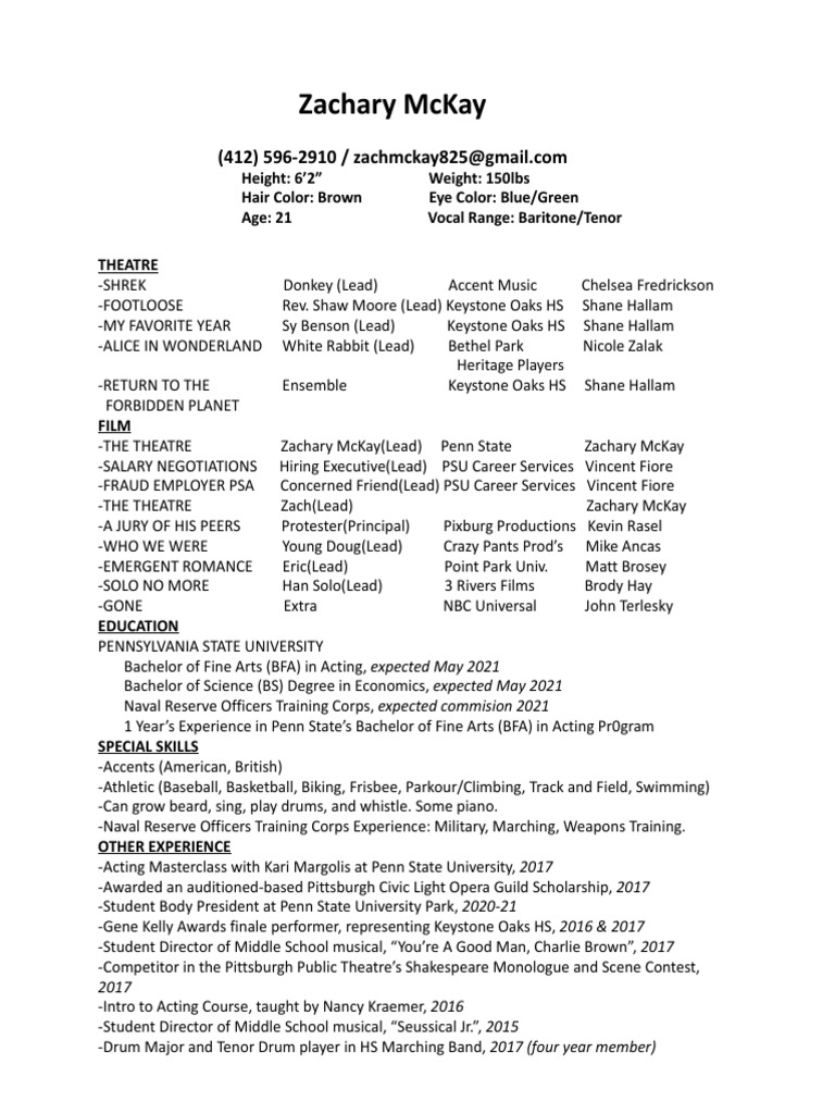 Zachary McKay: Actor Resume & Skills | PDF | Entertainment (General)
