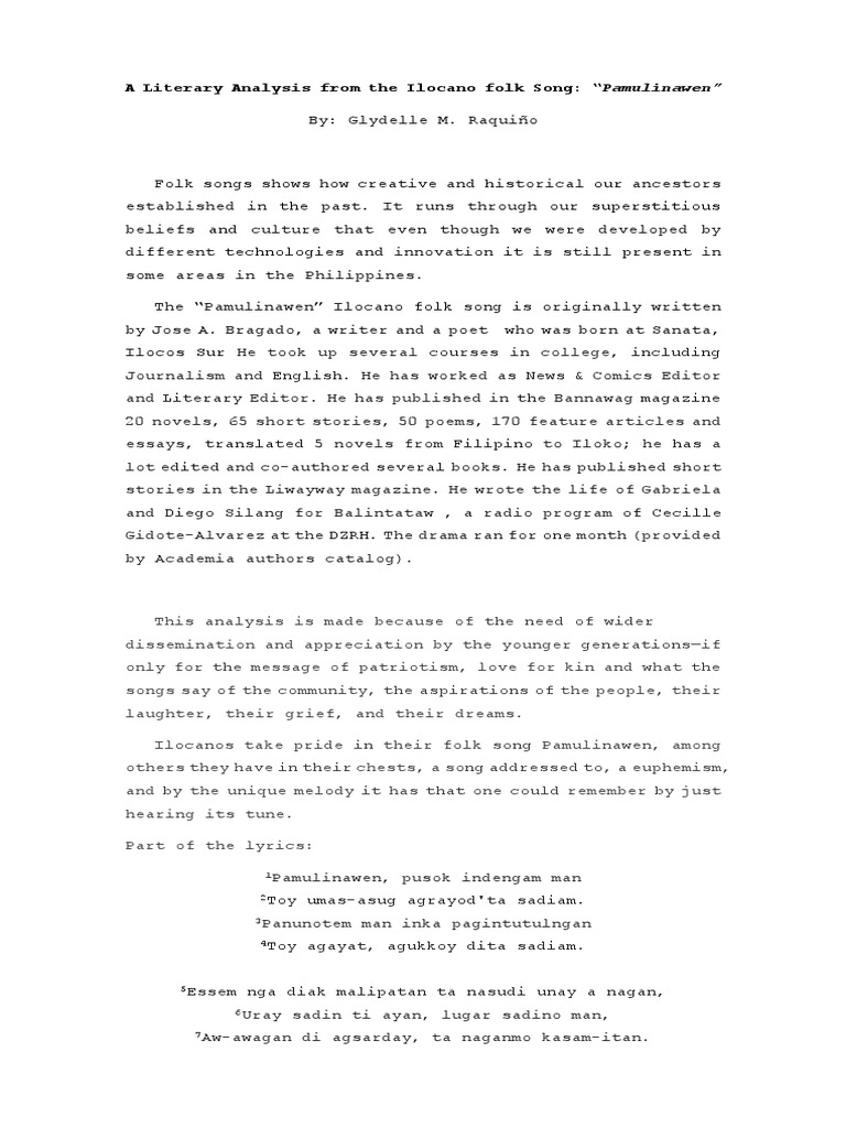 A Literary Analysis From The Ilocano Folk Song: "Pamulinawen" | PDF