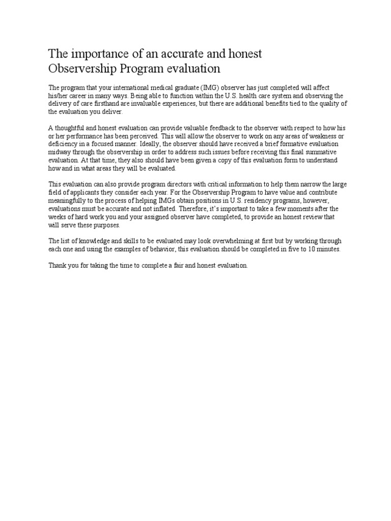 Observership Program Evaluation | PDF | Evaluation | Health Care
