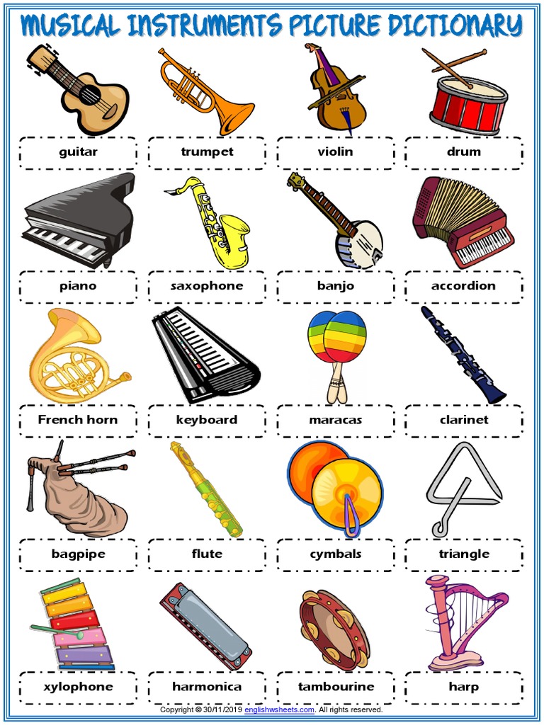 musical instruments vocabulary esl picture dictionary worksheet for kids