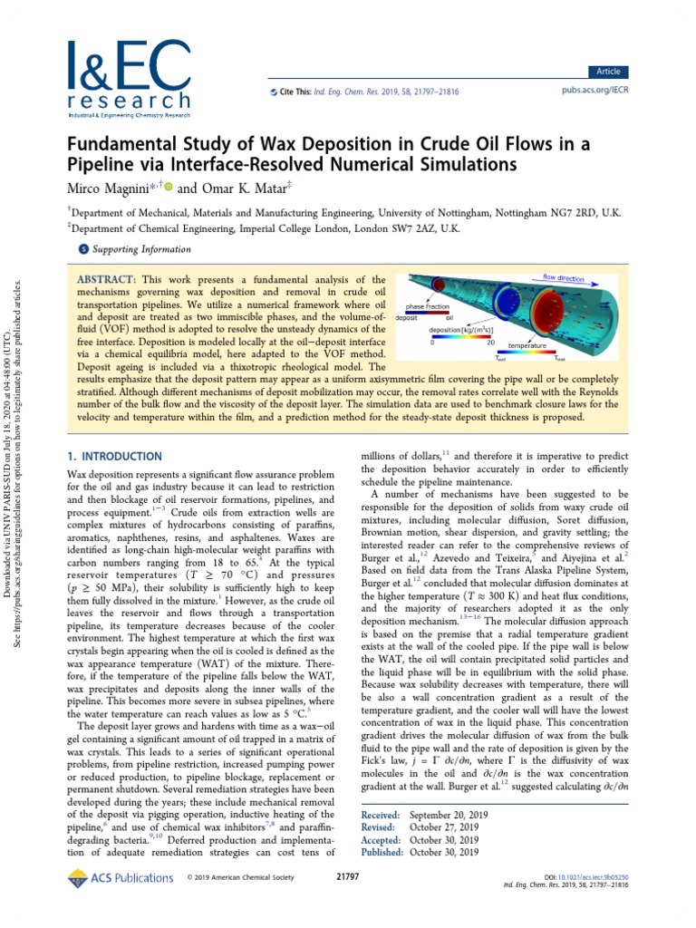Fundamental Study of Wax Deposition in Crude Oil Flows in A Pipeline ...