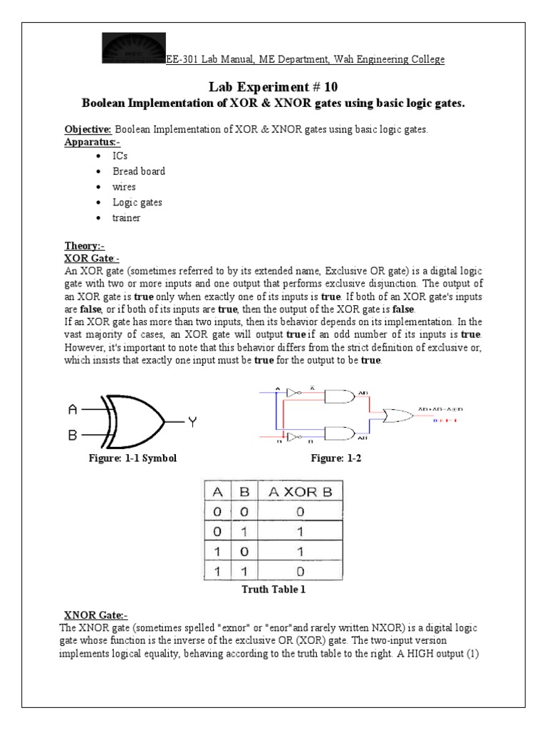 Lab Experiment # 10: Boolean Implementation of XOR & XNOR Gates Using ...