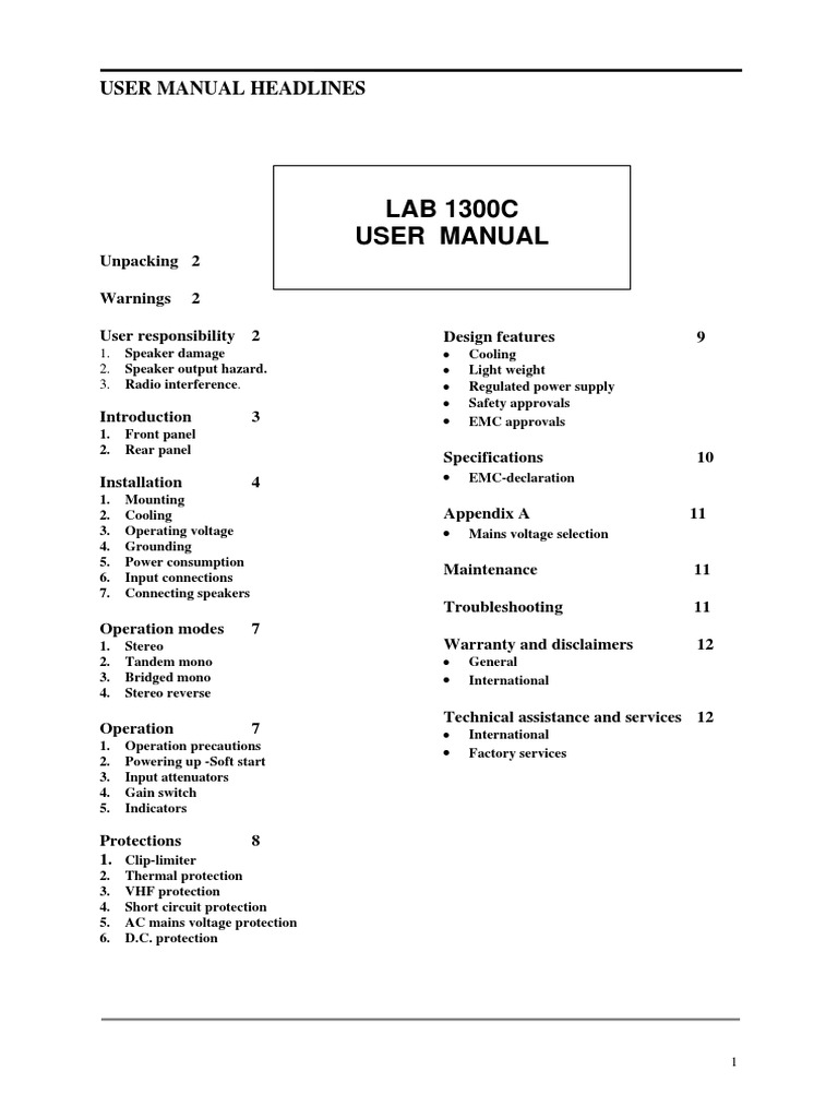 Labgruppen Lab 1300 User Manual | PDF | Power Supply | Amplifier