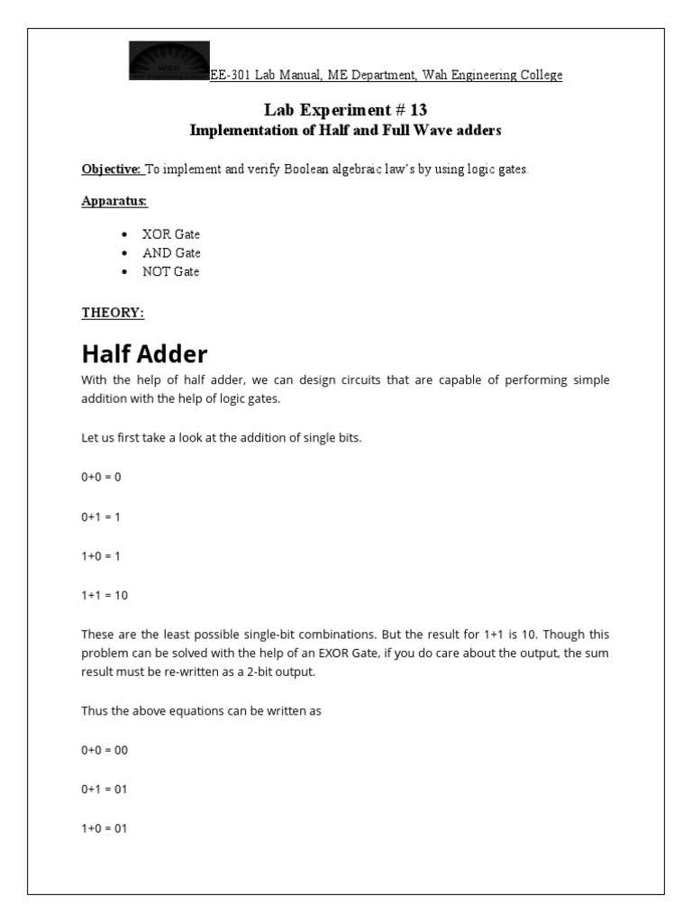 Half Adder: Lab Experiment # 13 | PDF | Logic Gate | Theoretical ...