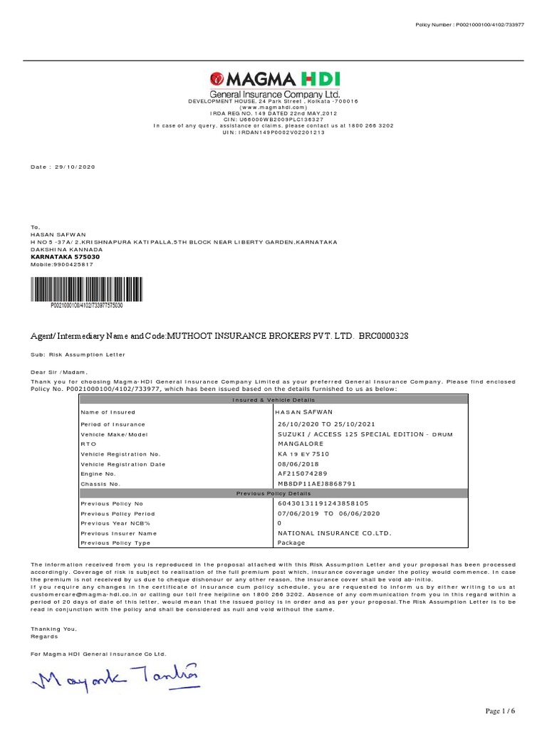 Agent/ Intermediary Name and Code:MUTHOOT INSURANCE BROKERS PVT. LTD ...