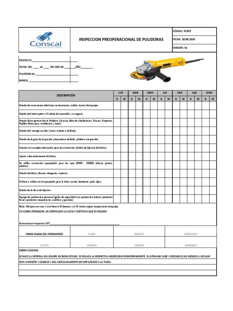FOR045 Inspección Preoperacional Pulidoras V1 | PDF