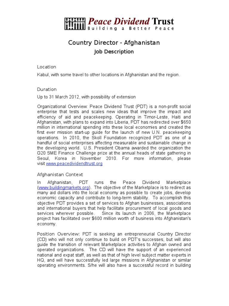 Employment Vacancy - PDT Country Director Afghanistan | PDF | Private ...