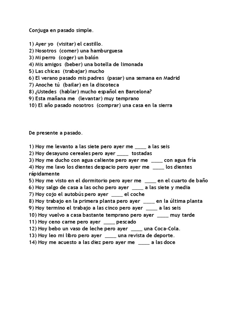 Ejercicios de pasado simple en español | PDF
