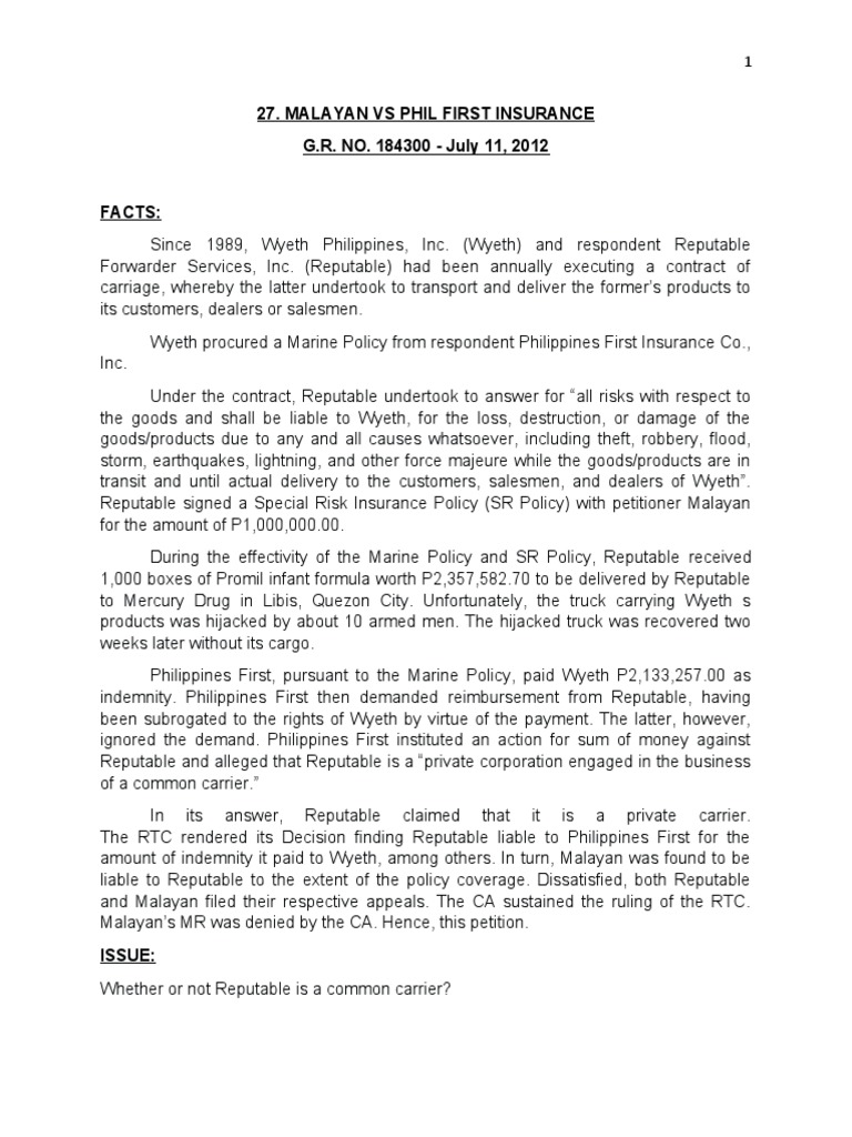 Malayan VS Phil First Insurance | PDF | Common Carrier | Legal Concepts