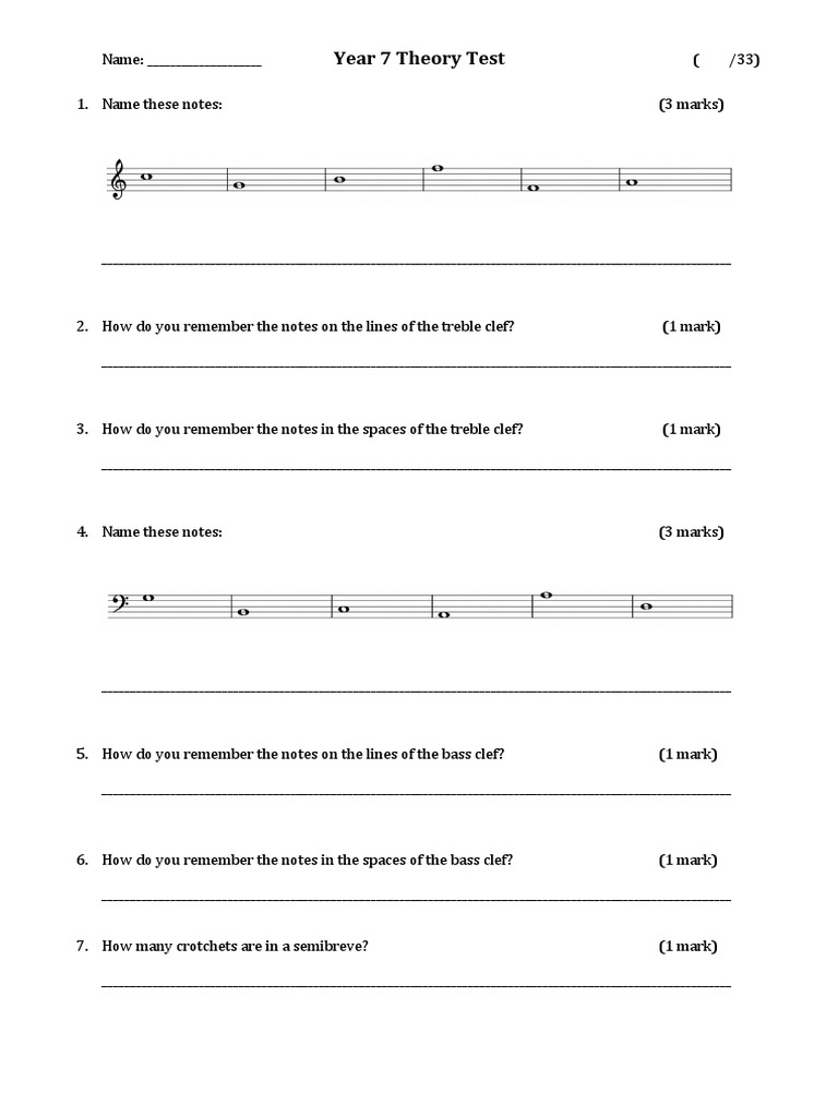 Year 7 Music Theory Revision Test | PDF | Rhythm And Meter | Musical Forms