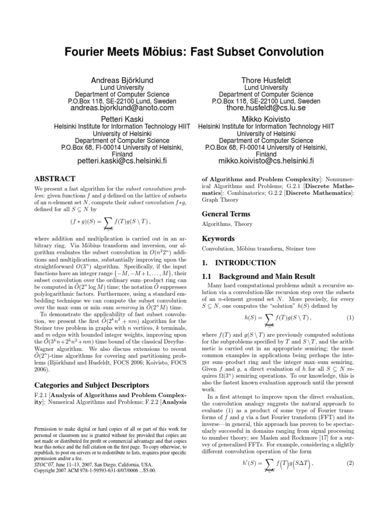 Fourier Meets M Obius: Fast Subset Convolution: Andreas BJ Orklund Thore Husfeldt | PDF ...