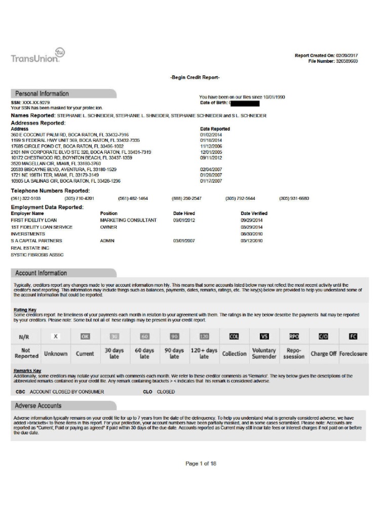 Stephanie Schneider TransUnion Personal Credit Report 20170220 ...