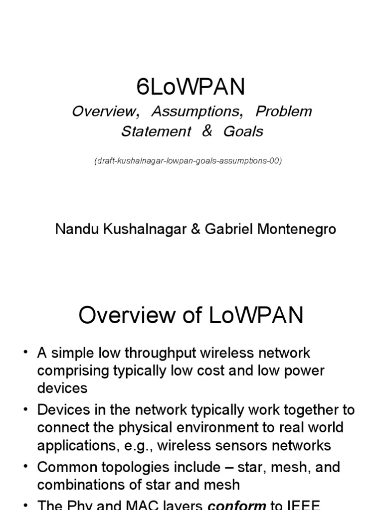 6lowpan: Overview, Assumptions, Problem Statement & Goals | PDF | Computer Network | Internet ...