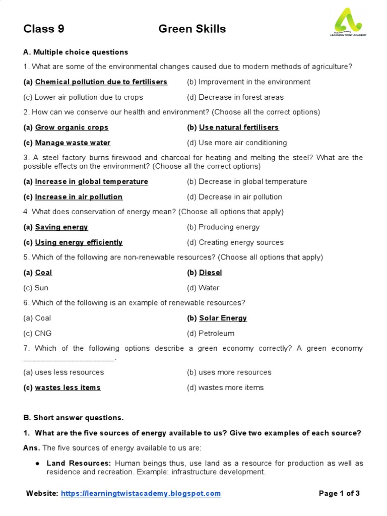 Class 9 Green Skills: A. Multiple Choice Questions | PDF