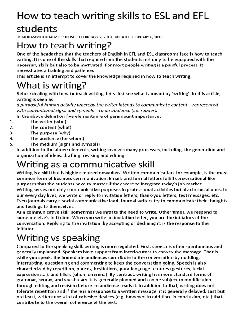 How To Teach Writing Skills To ESL and EFL Students | PDF | English As ...