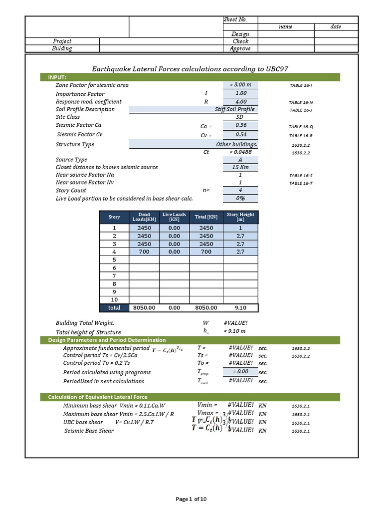 Earthquake Lateral Forces Calculations According To UBC97: Input | PDF ...