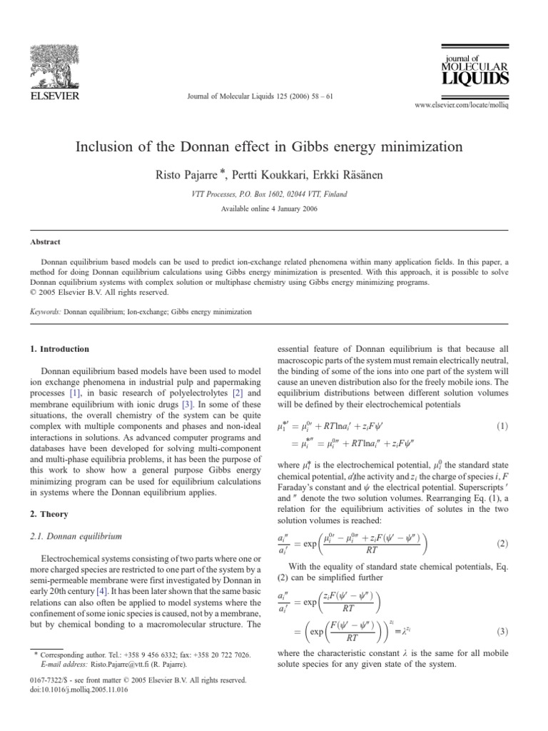 Nclusion of The Donnan Effect in Gibbs Energy Minimization PDF | PDF ...