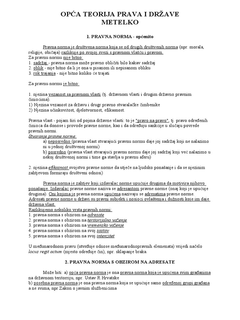 Opća Teorija Prava I Države Metelko: 1. PRAVNA NORMA - općenito