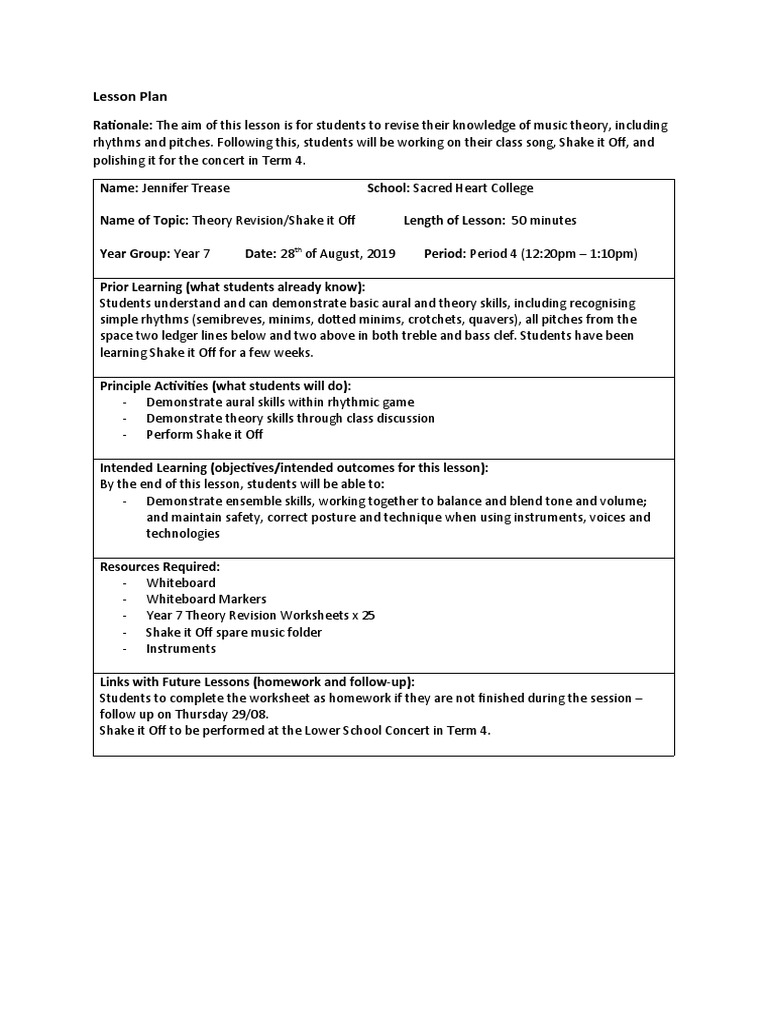 Year 7 Lesson Plan 28aug | PDF | Clef | Rhythm
