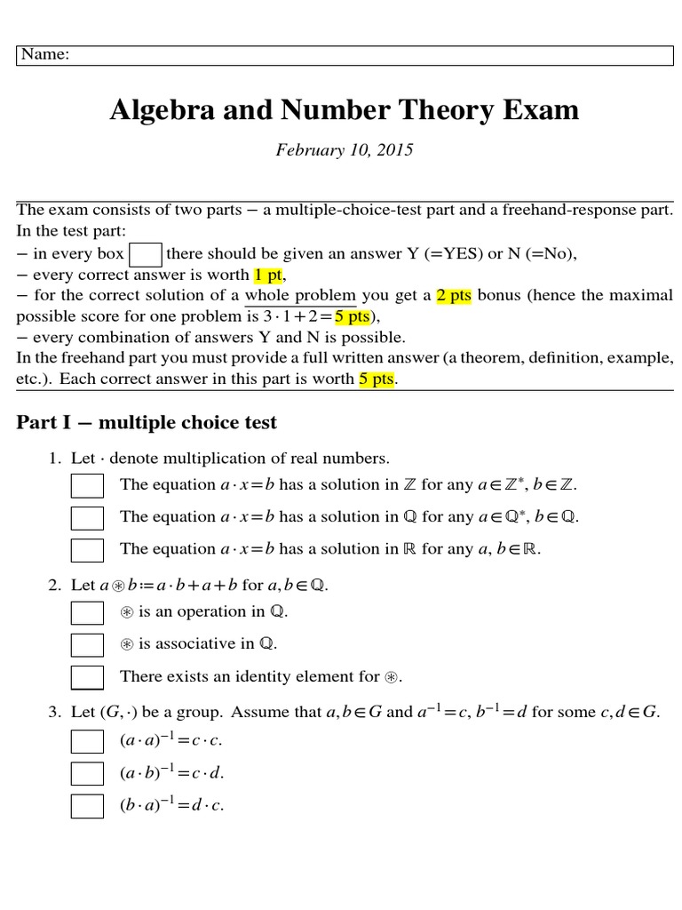 Algebra and Number Theory Exam: Part I Multiple Choice Test | PDF ...