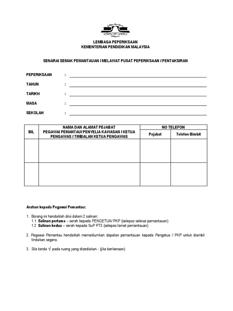 Borang Pemantauan Persediaan Pusat Peperiksaan | PDF