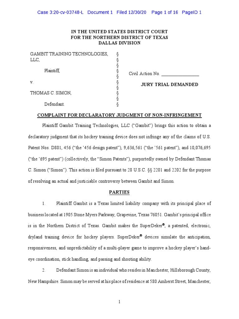 Gambit Training Techs. v. Simon - Complaint | PDF | Declaratory ...