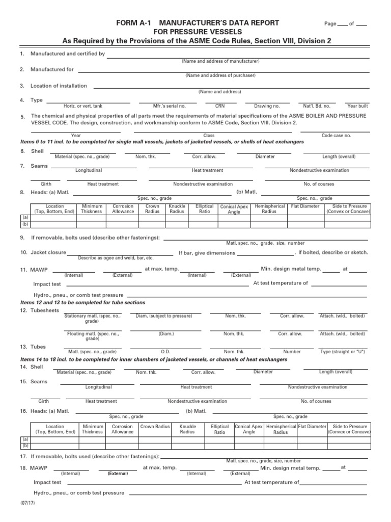 Form A-1 Manufacturer'S Data Report For Pressure Vessels As Required by ...