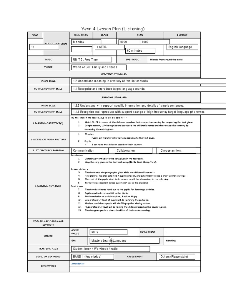 Year 4 Lesson Plan (Listening) : Attendance | PDF | Lesson Plan | Teachers