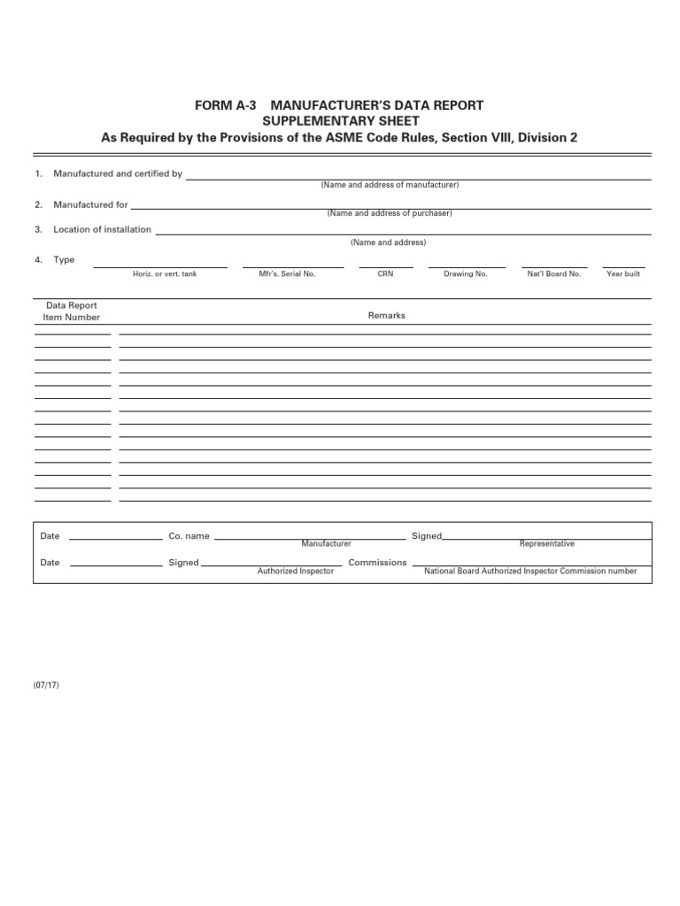 Form A-3 Manufacturer'S Data Report Supplementary Sheet As Required by ...