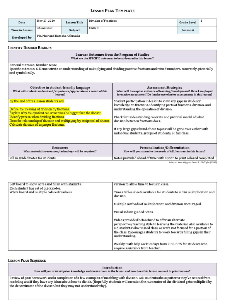 Grade 8 Division of Fractions Lesson Plan | PDF | Lesson Plan ...