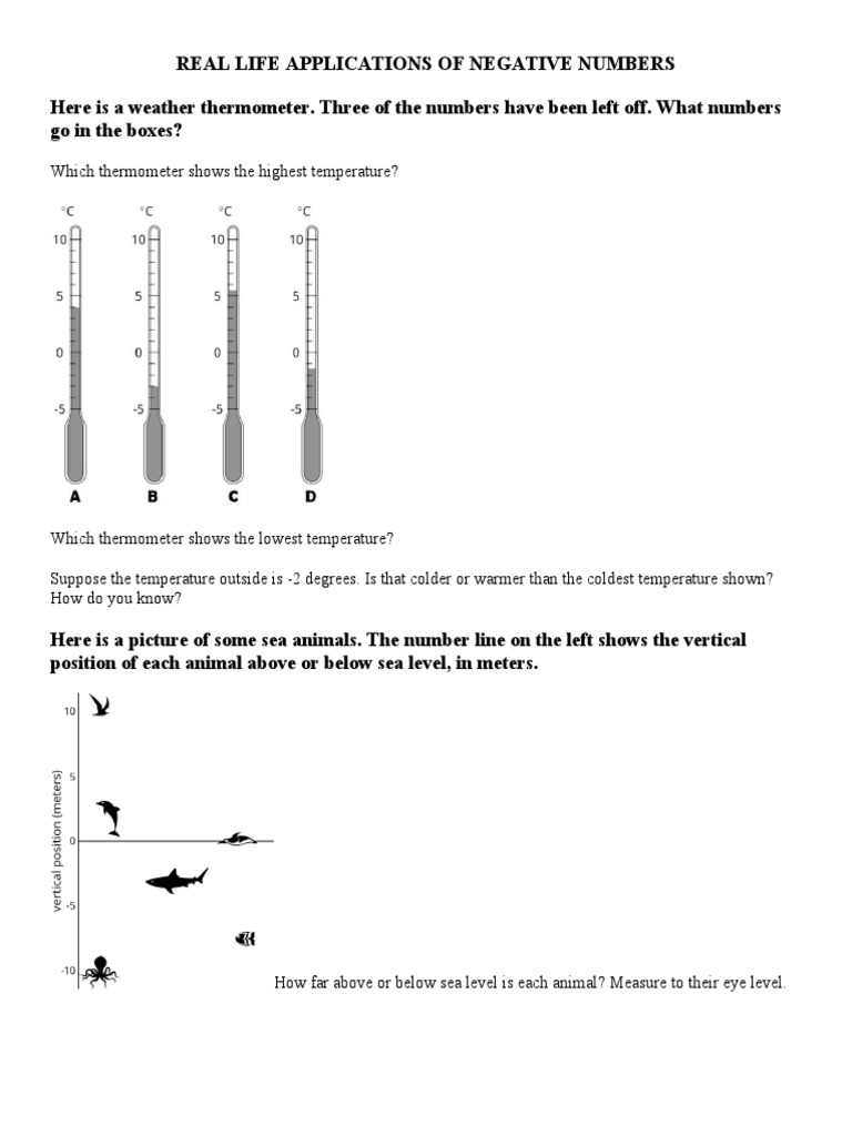 Negative Number Real Life Worksheet | PDF