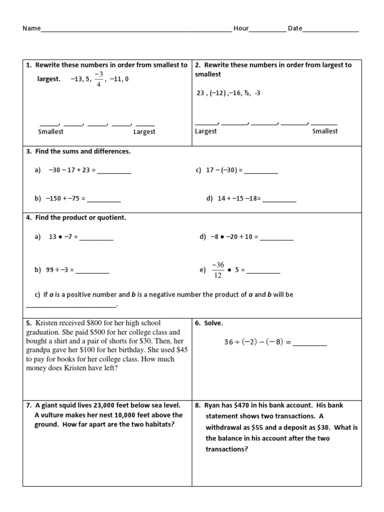 Operations of Rational Numbers Worksheet For Tic Tac Toe | PDF ...