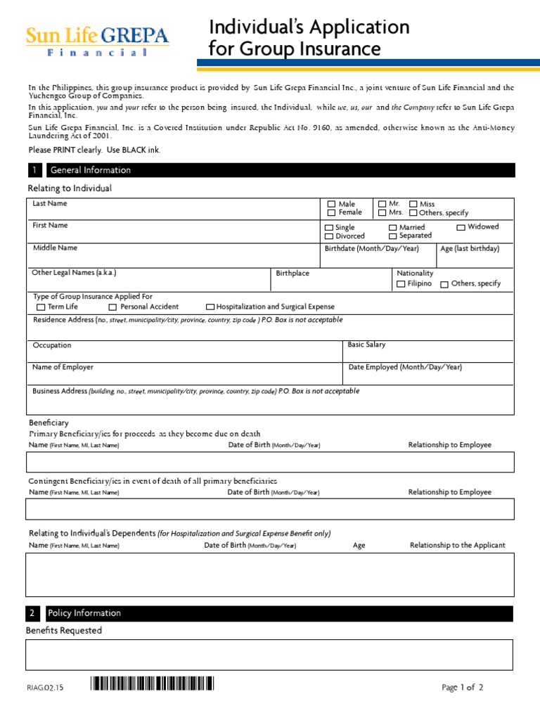 Sunlife Grepa Application Form | PDF | Influenza | Physical Examination