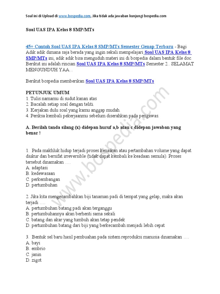 45+ Contoh Soal UAS IPA Kelas 8 SMP MTs Semester Genap | PDF