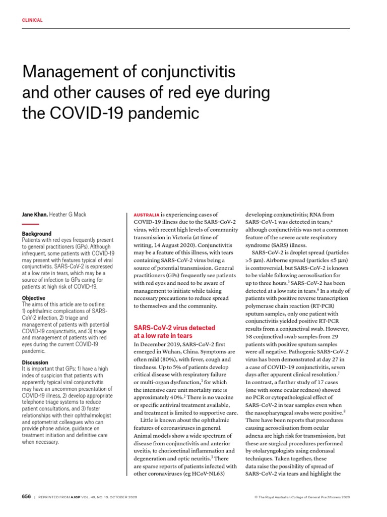 AJGP 10 2020 Clinical Khan Management Conjunctivitis Covid 19 WEB | PDF ...