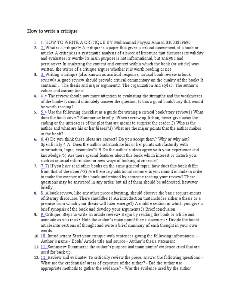 How To Write A Critique - Docx HAND OUTS | PDF