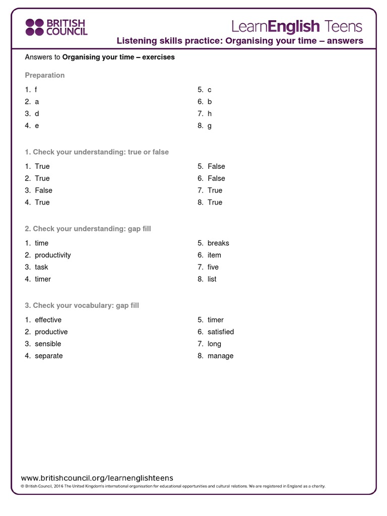 Listening Skills Practice: Organising Your Time - Answers: Preparation ...
