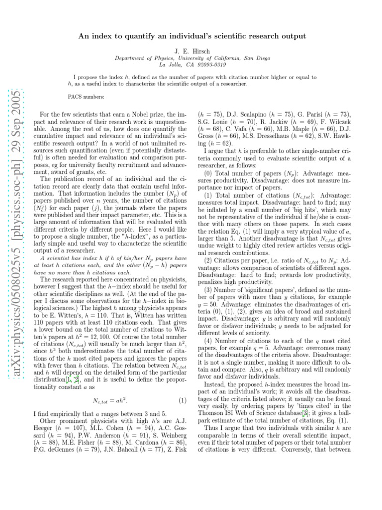 An Index To Quantify An Individual's Scientific Research Output | PDF ...