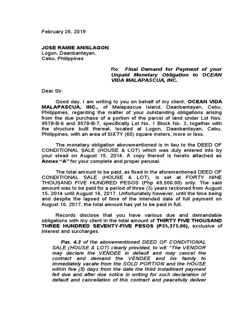 Demand Letter (OceanVida-2019) - ANISLAGON | PDF | Property Law | Property