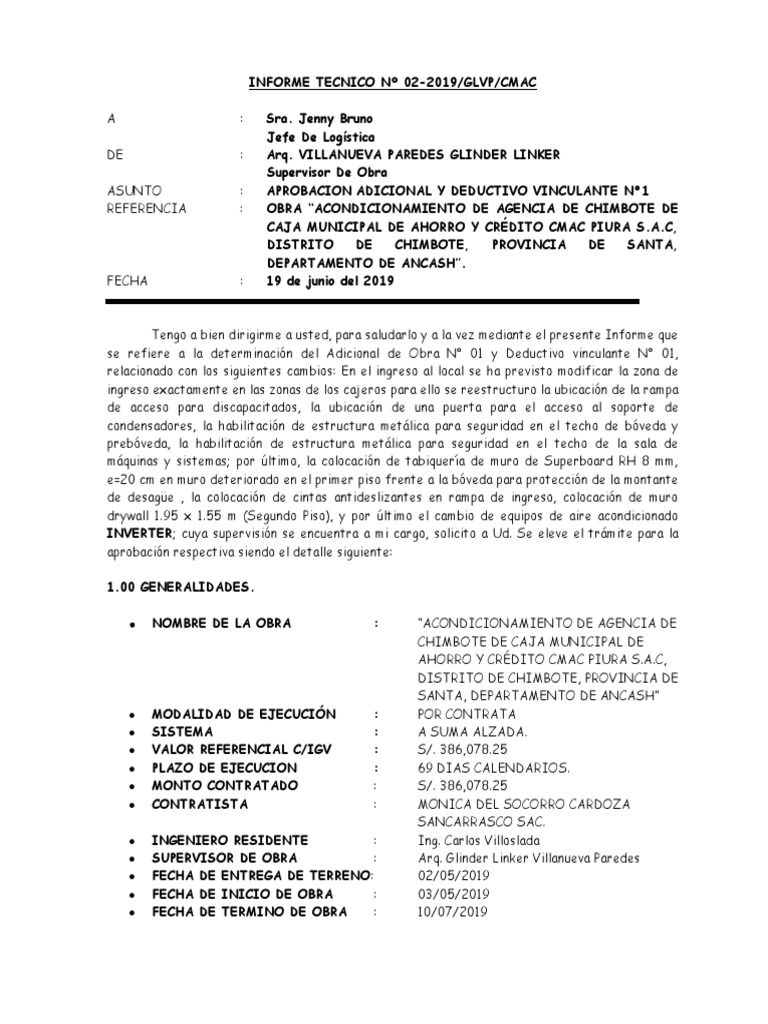 Adicional y Deductivo Vinculante - CMAC CHIMBOTE | PDF | Ingeniería de Edificación | Economias