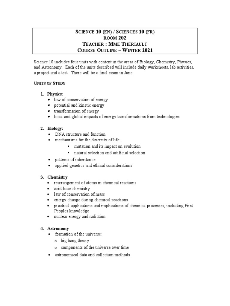 Course Outline Sciences 10 | PDF | Science | Astronomy