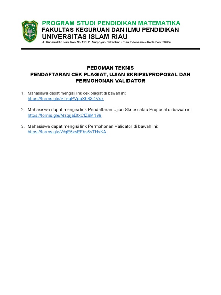 Teknis Cek Plagiat, Pendaftaran Ujian Skripsiproposal Dan Permohonan Validator Secara Online | PDF