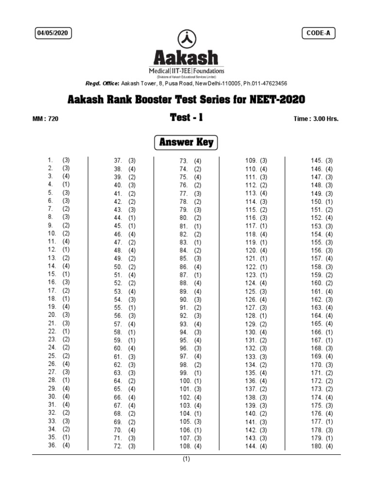 Aakash Rank Booster Test Series For NEET-2020 | PDF | Torque | Tissue ...