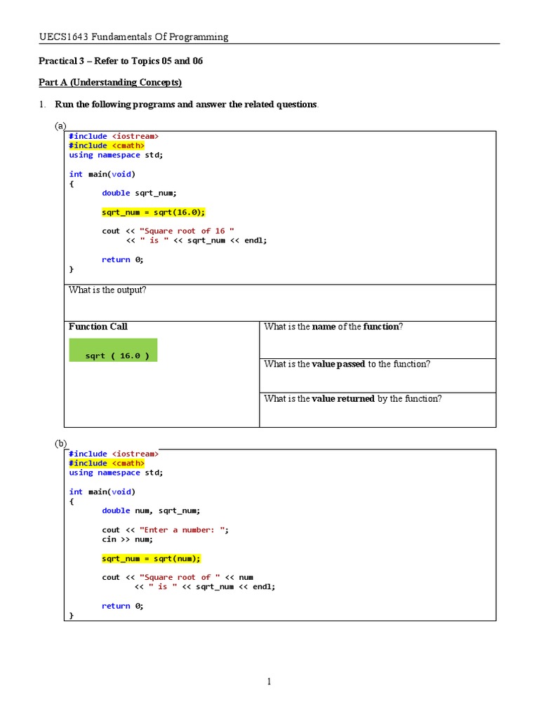 UECS1643 Fundamentals of Programming: 1. Run The Following Programs and Answer The Related ...
