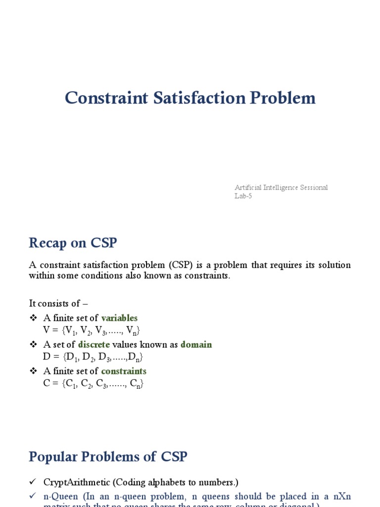 Constraint Satisfaction Problem Artificial Intelligence Sessional Lab 5 Pdf Software