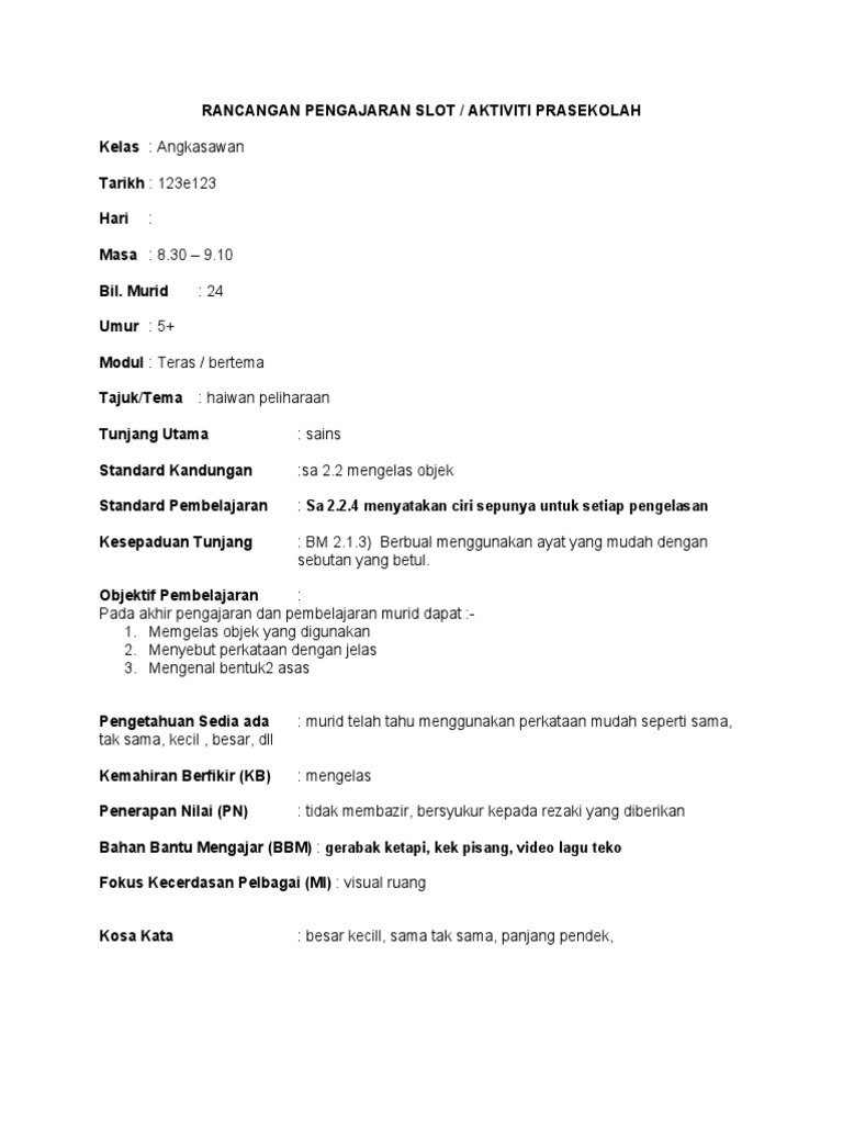 Rancangan Pengajaran Slot (Contoh) | PDF