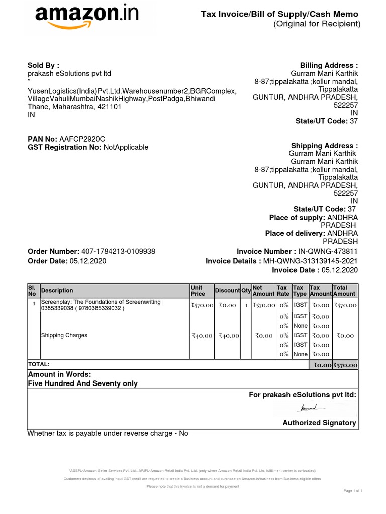 Tax Invoice/Bill of Supply/Cash Memo: (Original For Recipient) | PDF ...